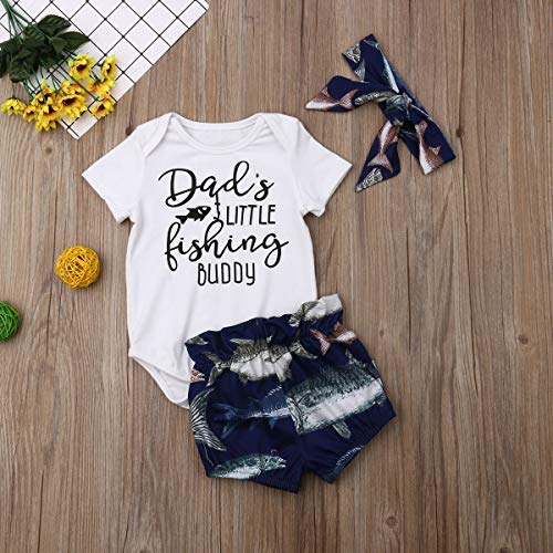 Newborn Infant Baby Girls Boys Clothes Letter Print Romper Bodysuit Cute Fishing Ruffles Shorts Pants Headband Outfits Set (White, 6-12 Months)