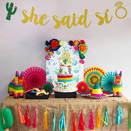 She Said Si Gold Glitter Banner Sign Garland Pre-strung & She Said Si Cake Topper for Final Fiesta Bachelorette Party Mexican Bridal Shower Decorations