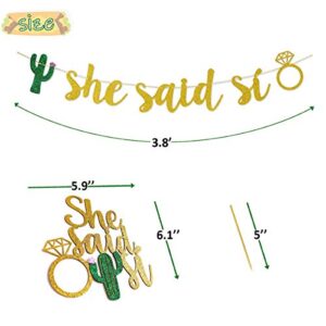 She Said Si Gold Glitter Banner Sign Garland Pre-strung & She Said Si Cake Topper for Final Fiesta Bachelorette Party Mexican Bridal Shower Decorations