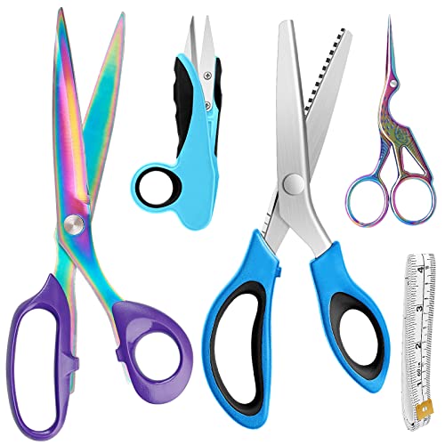 Asdirne Sewing Bundle, Sharp Stainless Steel Blade, Comfortable Handle, Include Fabric Scissors, Pinking Scissors, Embroidery Scissors, Thread Snips and Measuring Tape, 5 Pcs, Great Sewing Partners