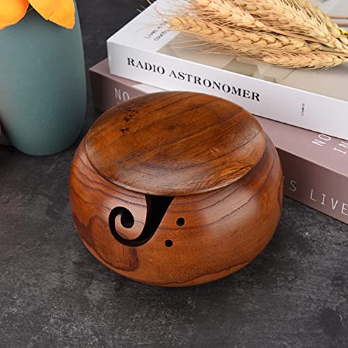 Fonzci Wooden Yarn Storage Bowl Yarn Holder Bowl for Crocheting Wooden Yarn Bowl Holder with Cover for Mothers Day Thanksgiving Day Christmas Gift