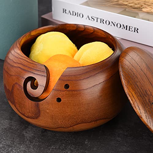 Fonzci Wooden Yarn Storage Bowl Yarn Holder Bowl for Crocheting Wooden Yarn Bowl Holder with Cover for Mothers Day Thanksgiving Day Christmas Gift