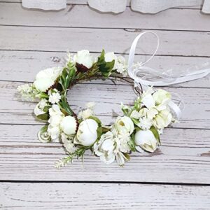 Funsveta Baby Girls Flower Crown Flower Girl Headpiece boho Little Wreaths for Weddings, Family photography (Flower White)