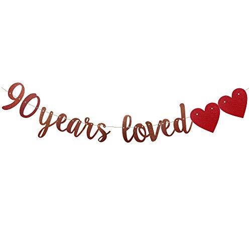 90 Years Loved Banner,Pre-Strung, Rose Gold Paper Glitter Party Decorations For 90TH Birthday Decorations 90TH Wedding Anniversary Day Party Supplies Letters Rose Gold ZHAOFEIHN