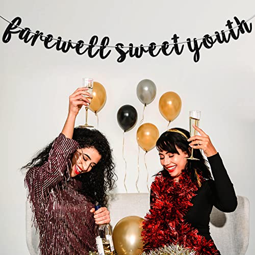 Black Glitter Farewell Sweet Youth Banner, Death to My Youth/Funeral for My Youth, Old English Funny 30th/40th/50th Birthday Party Decorations