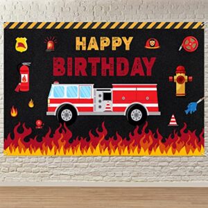 firetruck birthday backdrop banner decor black – fire truck happy birthday party theme decorations for fireman boys men supplies