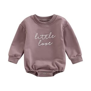 oikmombiu newborn baby girl boy valentine’s day outfit little love crewneck sweatshirt onesie bubble romper spring fall clothes(little love purple, 3-6 months)