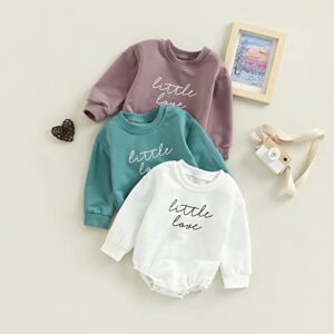 OikMombiu Newborn Baby Girl Boy Valentine's Day Outfit Little Love Crewneck Sweatshirt Onesie Bubble Romper Spring Fall Clothes(Little Love Purple, 3-6 Months)