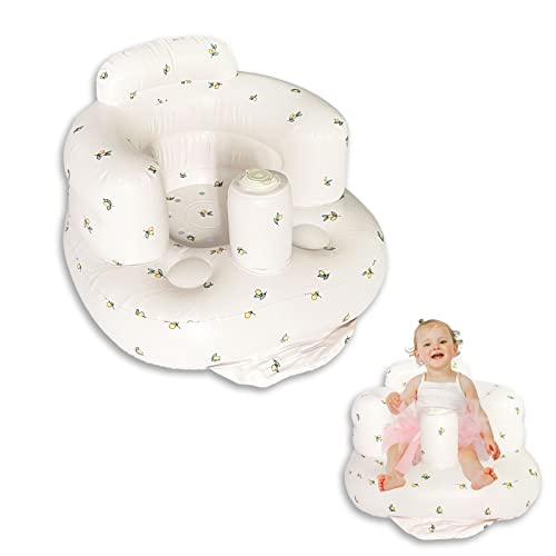 Swity Home Baby Inflatable Seat for 3-36 Months, Built in Air Pump Infant Back Support Sofa, Protect Spine, Safe Toddler Feeding/Shower Chair for Learning to Sit Up (Olive Flowers, Off-White)