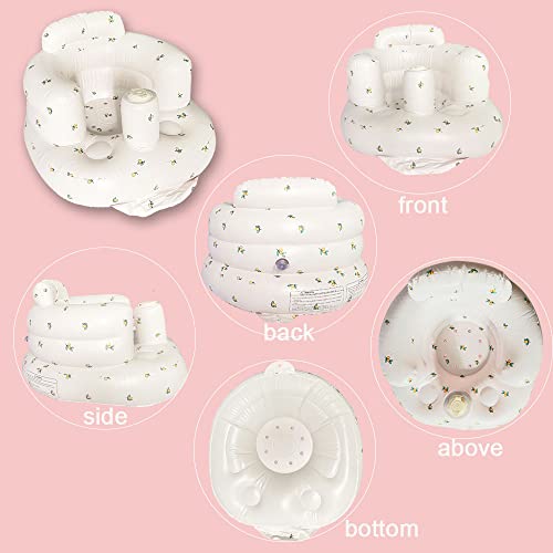 Swity Home Baby Inflatable Seat for 3-36 Months, Built in Air Pump Infant Back Support Sofa, Protect Spine, Safe Toddler Feeding/Shower Chair for Learning to Sit Up (Olive Flowers, Off-White)