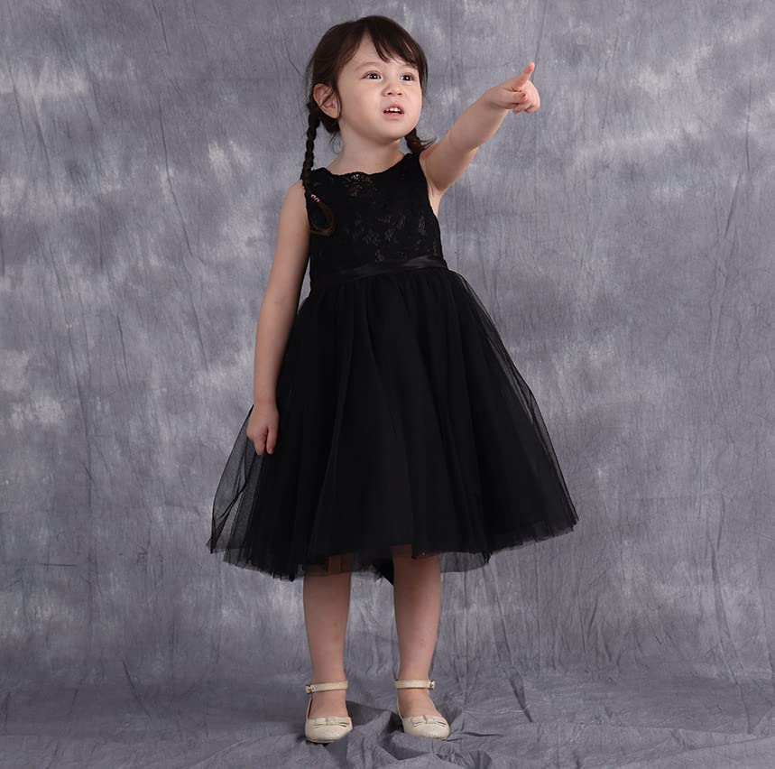 TENTIDE Baby Girls Party Flower Holiday Formal Pageant Dress Sleeveless Ruffle Lace Back A-line Bow Tulle Dress 0-24M (Black, 6-12M)