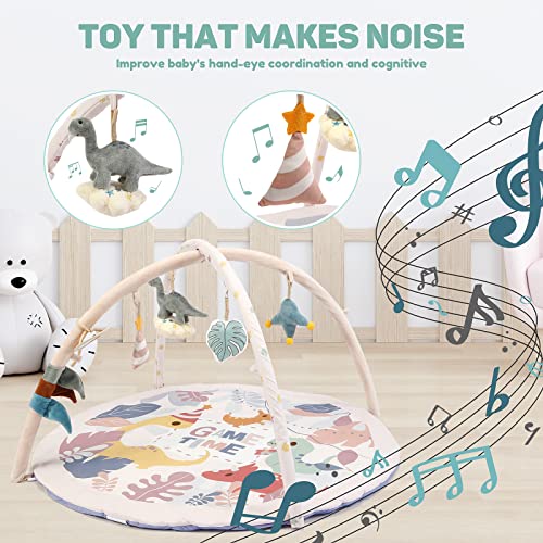 TCBunny Baby Gym Play Mat Dinosaur Design for Newborn, Visual, Hearing, Touch, Cognitive Early Development Playmat Activity Center, 5 Toys for Toddlers