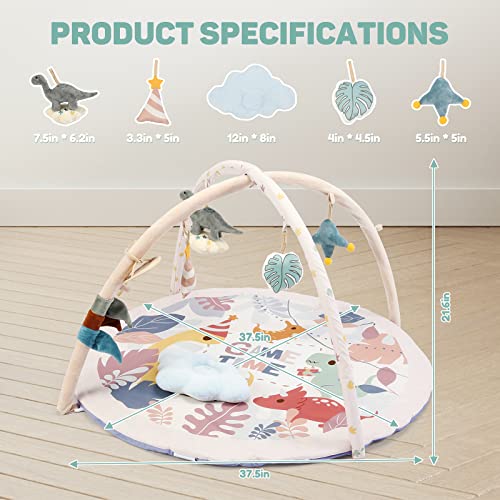 TCBunny Baby Gym Play Mat Dinosaur Design for Newborn, Visual, Hearing, Touch, Cognitive Early Development Playmat Activity Center, 5 Toys for Toddlers