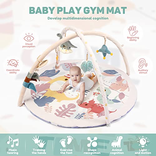 TCBunny Baby Gym Play Mat Dinosaur Design for Newborn, Visual, Hearing, Touch, Cognitive Early Development Playmat Activity Center, 5 Toys for Toddlers