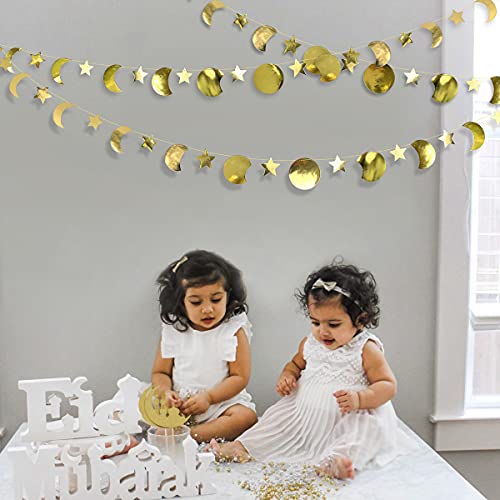 Gold Star Moon Phase Banner Garland Hanging Crescent Twikle Little Star Bunting Streamer Moon Cycle Celestial Decorations for Kids Birthday Party Baby Shower Wall Home Happy Eid Mubarak Ramadan Decor