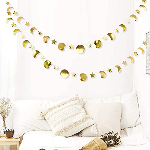 Gold Star Moon Phase Banner Garland Hanging Crescent Twikle Little Star Bunting Streamer Moon Cycle Celestial Decorations for Kids Birthday Party Baby Shower Wall Home Happy Eid Mubarak Ramadan Decor