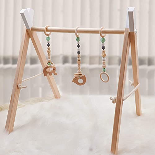 Wooden Baby Gym with 4 Baby Sensory Toys Foldable Baby Play Activity Gym Frame Hanging Bar Newborn Gift