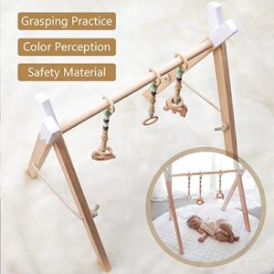 Wooden Baby Gym with 4 Baby Sensory Toys Foldable Baby Play Activity Gym Frame Hanging Bar Newborn Gift