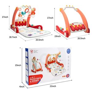 2 in 1 Baby Gym Play Mat & Sit-to-Stand Learning Walker,Kick &Play Piano Tummy Time Mat Toys with Mirror for Newborn Babies Toddlers Infants,Gift for Baby Girls Boys Must Haves,Red