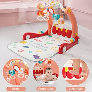 2 in 1 Baby Gym Play Mat & Sit-to-Stand Learning Walker,Kick &Play Piano Tummy Time Mat Toys with Mirror for Newborn Babies Toddlers Infants,Gift for Baby Girls Boys Must Haves,Red