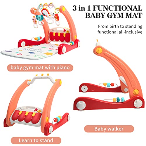 2 in 1 Baby Gym Play Mat & Sit-to-Stand Learning Walker,Kick &Play Piano Tummy Time Mat Toys with Mirror for Newborn Babies Toddlers Infants,Gift for Baby Girls Boys Must Haves,Red