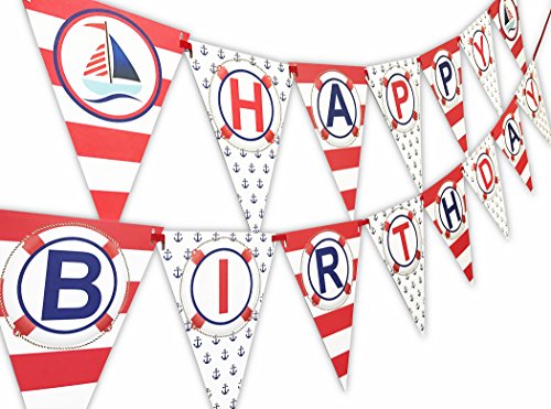 POP parties Nautical RED Happy Birthday Banner Pennant - Sailboat Party Banner - Made in The USA