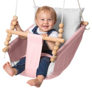 outdoor and indoor baby hammock swing seat by frobel – canvas boho hanging baby swing for baby to toddler 1 year to 4 years old, hanging kit and anchor included, safe and secure, pink