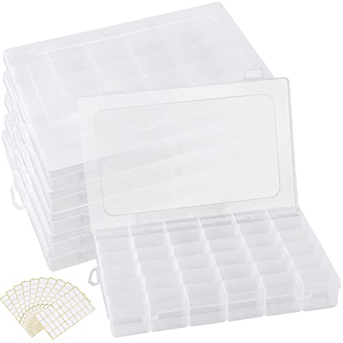 MAHIONG 6 Pack 36 Grids Plastic Organizer Box with Adjusatble Dividers and 600 PCS Label Stickers , Clear Bead Storage Container Small Parts Organizer for Crafts Jewelry Fishing Tackles