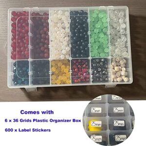 MAHIONG 6 Pack 36 Grids Plastic Organizer Box with Adjusatble Dividers and 600 PCS Label Stickers , Clear Bead Storage Container Small Parts Organizer for Crafts Jewelry Fishing Tackles