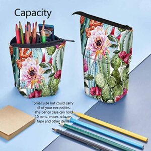 Swono Cactus Floral Pencil Case Bright Tropical Flowers Roses Cacti Watercolor Standing Pencil Case Pencil Holder Pencil Pouch Cosmetics Pouch Makeup Office Bag Colorful