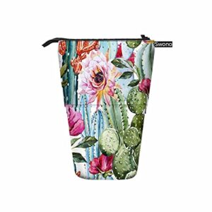 Swono Cactus Floral Pencil Case Bright Tropical Flowers Roses Cacti Watercolor Standing Pencil Case Pencil Holder Pencil Pouch Cosmetics Pouch Makeup Office Bag Colorful