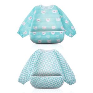 little dimsum full sleeved feeding bib 2 pack,baby & toddler waterproof bib apron,food protection large pocket eating smock 6-48 months（l/blue）