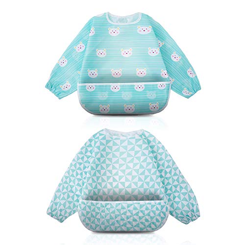 Little Dimsum Full Sleeved Feeding Bib 2 Pack,Baby & Toddler Waterproof Bib Apron,Food Protection Large Pocket Eating Smock 6-48 Months（L/Blue）