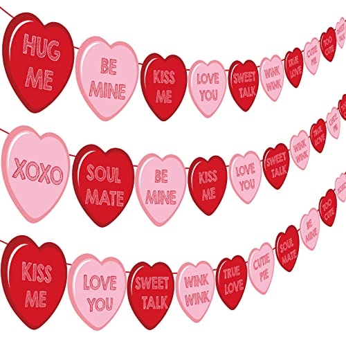 Whaline 3Pcs Valentine's Day Conversation Hearts DIY Banners Kit Include Red Pink Hearts and Ribbons Romantic Paper Hanging Bunting Garland with Sayings for Valentines Party Home Wall Decor, 8.2Ft