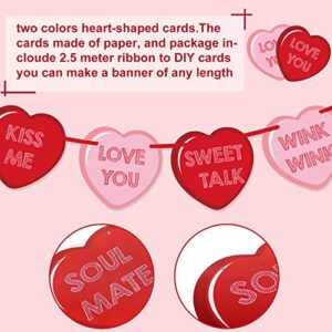 Whaline 3Pcs Valentine's Day Conversation Hearts DIY Banners Kit Include Red Pink Hearts and Ribbons Romantic Paper Hanging Bunting Garland with Sayings for Valentines Party Home Wall Decor, 8.2Ft