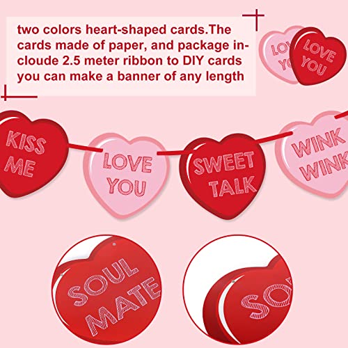 Whaline 3Pcs Valentine's Day Conversation Hearts DIY Banners Kit Include Red Pink Hearts and Ribbons Romantic Paper Hanging Bunting Garland with Sayings for Valentines Party Home Wall Decor, 8.2Ft