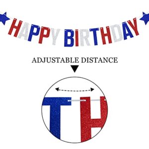 4th of July Happy Birthday Banner, Independence Day Birthday Party Decorations, Patriotic Independence Day Themed Birthday Decorations Blue Red White Glitter