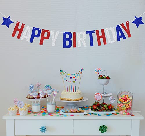 4th of July Happy Birthday Banner, Independence Day Birthday Party Decorations, Patriotic Independence Day Themed Birthday Decorations Blue Red White Glitter