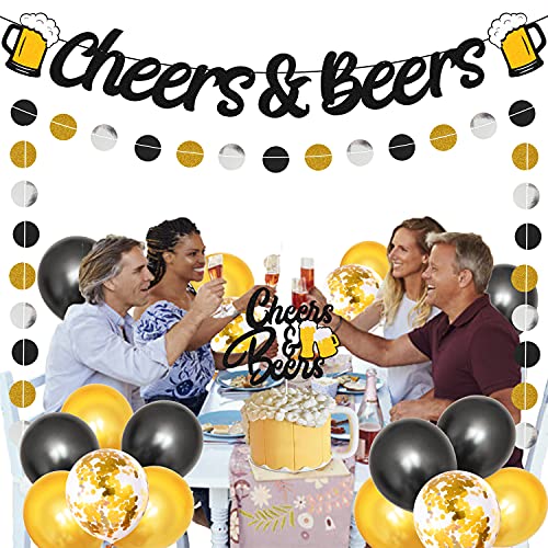 Cheers and Beers Banner With Cheers Cake Topper and Circle Dots Garland 12” Latex Balloons Kits Happy Birthday Banner for Man Woman Adults Him Her Bday Wedding Bachelorette Baby Shower Housewarming Party Event Celebration Supplies