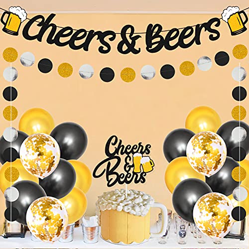 Cheers and Beers Banner With Cheers Cake Topper and Circle Dots Garland 12” Latex Balloons Kits Happy Birthday Banner for Man Woman Adults Him Her Bday Wedding Bachelorette Baby Shower Housewarming Party Event Celebration Supplies