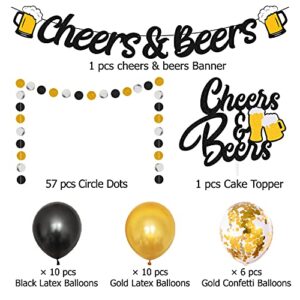 Cheers and Beers Banner With Cheers Cake Topper and Circle Dots Garland 12” Latex Balloons Kits Happy Birthday Banner for Man Woman Adults Him Her Bday Wedding Bachelorette Baby Shower Housewarming Party Event Celebration Supplies