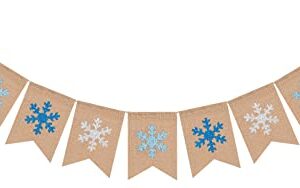 AnyDesign Christmas Snowflake Burlap Banner Glitter Winter Banner Blue White Snowflake Printed Bunting Garland Xmas Holiday Hanging Decoration No DIY Required for Christmas Winter Home Party Supplies