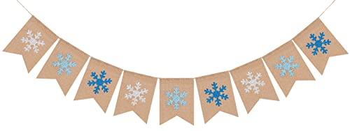 AnyDesign Christmas Snowflake Burlap Banner Glitter Winter Banner Blue White Snowflake Printed Bunting Garland Xmas Holiday Hanging Decoration No DIY Required for Christmas Winter Home Party Supplies