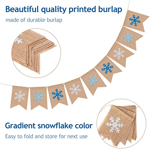 AnyDesign Christmas Snowflake Burlap Banner Glitter Winter Banner Blue White Snowflake Printed Bunting Garland Xmas Holiday Hanging Decoration No DIY Required for Christmas Winter Home Party Supplies