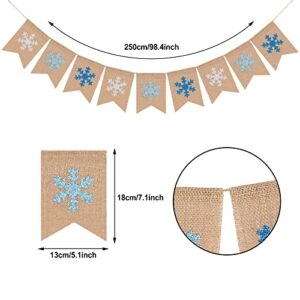 AnyDesign Christmas Snowflake Burlap Banner Glitter Winter Banner Blue White Snowflake Printed Bunting Garland Xmas Holiday Hanging Decoration No DIY Required for Christmas Winter Home Party Supplies