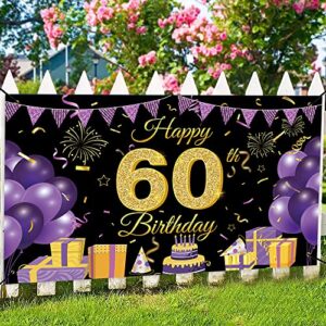 Wiipenex Happy 60th Birthday Backdrop Banner 70.86” x 43.3” Purple Black 60th Birthday Decorations Cheers to 60 Years Old Balloons Backdrop Party Supplies Birthday Yard Sign Poster Photo Booth Props