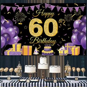 Wiipenex Happy 60th Birthday Backdrop Banner 70.86” x 43.3” Purple Black 60th Birthday Decorations Cheers to 60 Years Old Balloons Backdrop Party Supplies Birthday Yard Sign Poster Photo Booth Props