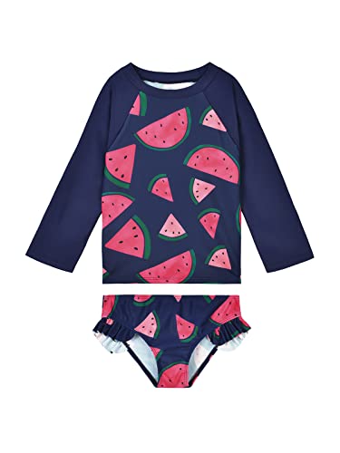 Girls Two Piece Swimsuits Baby Girls Long Sleeve Tankini Girls Rash Guard Set UPF 50+ Toddler Bathing Suit Swimwear Navy Watermelon 2-3T