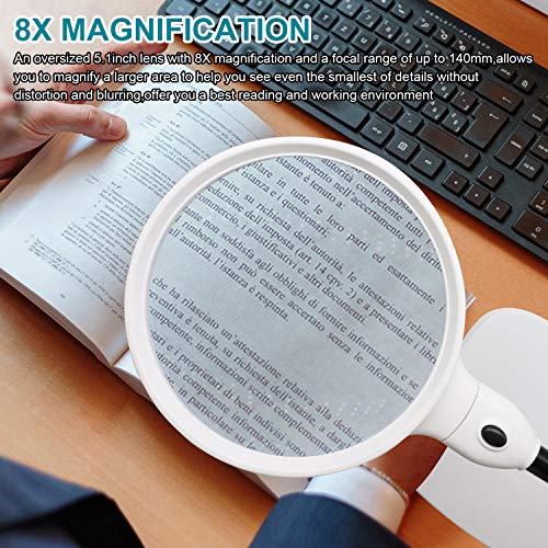 8X Lighted Desktop Magnifier Heavy-Duty Stand Large 5.7 Inch Lens Illuminated Tabletop Magnifying Glass Lamp with 6 LED Lights Table Lamp for Reading Sewing Crafts Soldering Workbench Jewelry Design