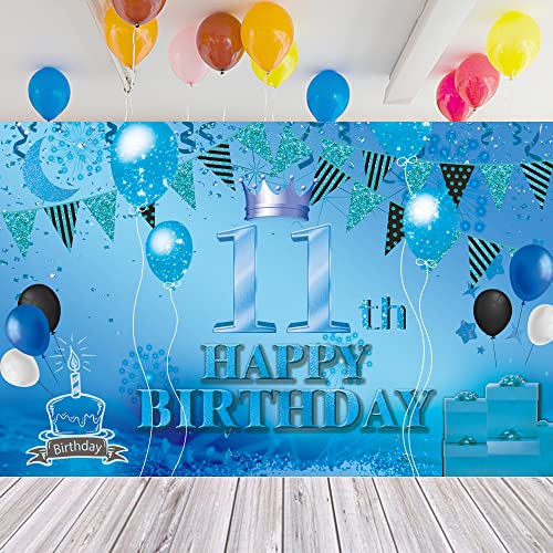 Happy 11th Birthday Backdrop Banner Blue 11th Sign Poster 11 Birthday Party Supplies for Anniversary Photo Booth Photography Background Birthday Party Decorations, 72.8 x 43.3 Inch